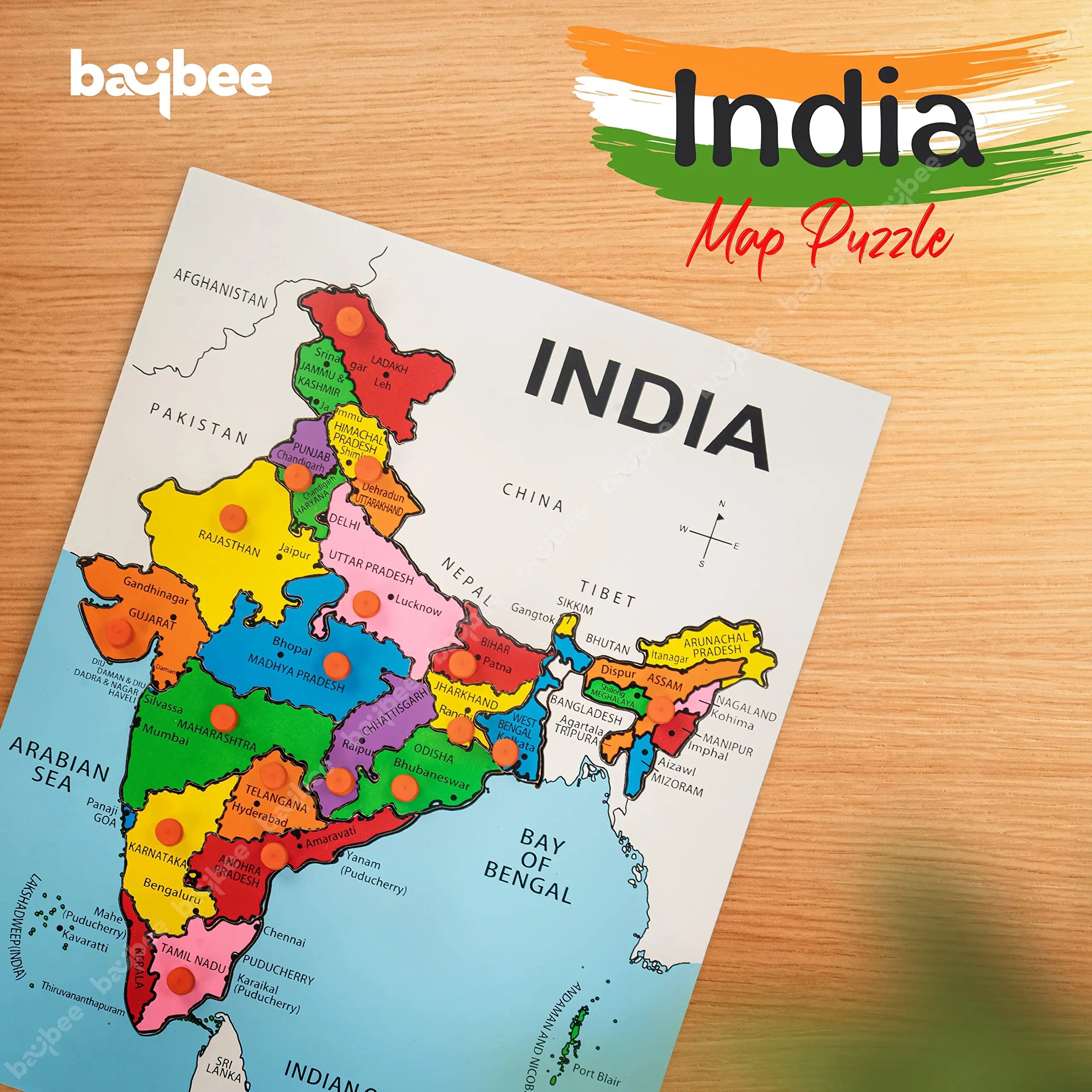 Baybee India 28 States Capitals Wooden Puzzle for Kids with Knob Pegge