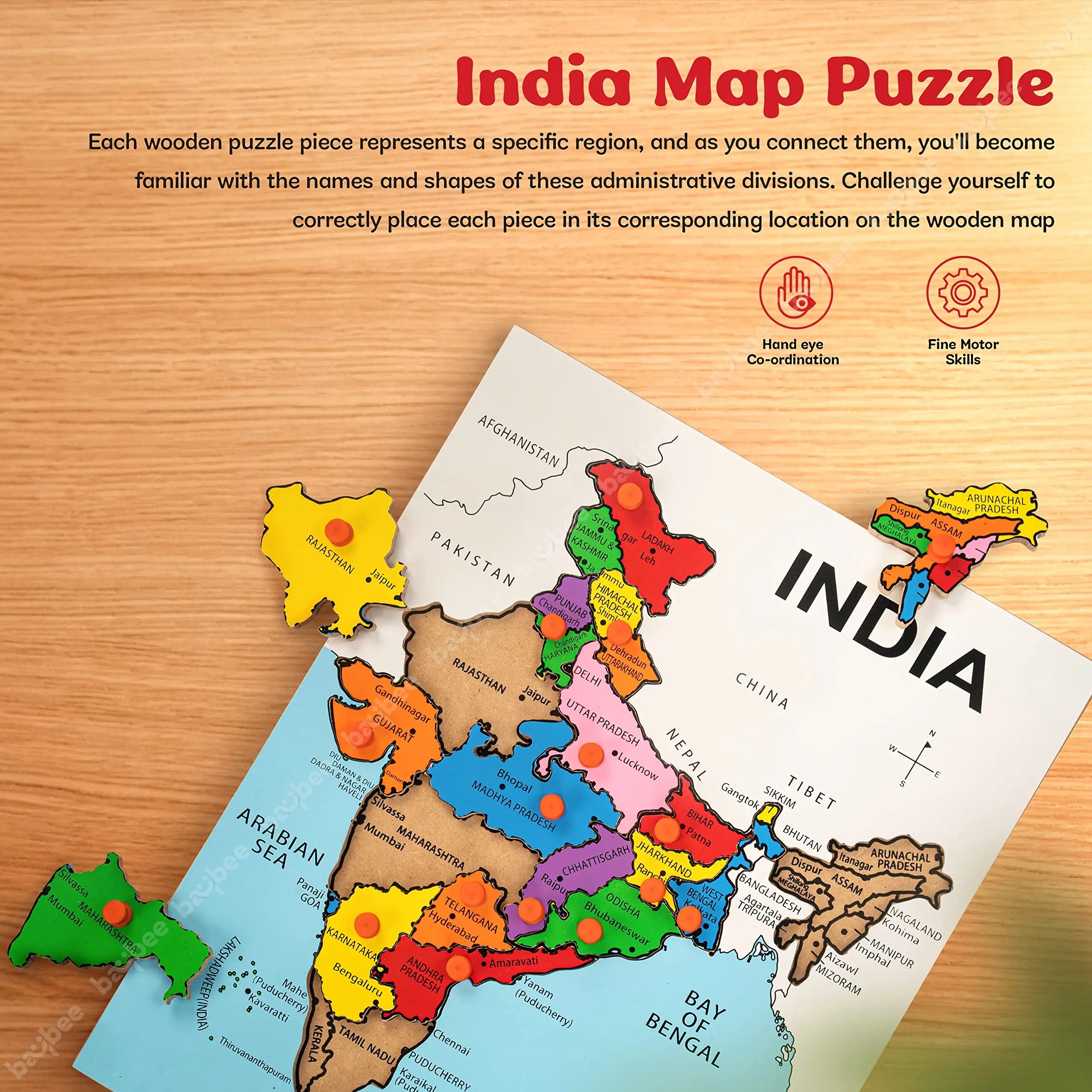 Baybee India 28 States Capitals Wooden Puzzle for Kids with Knob Pegge